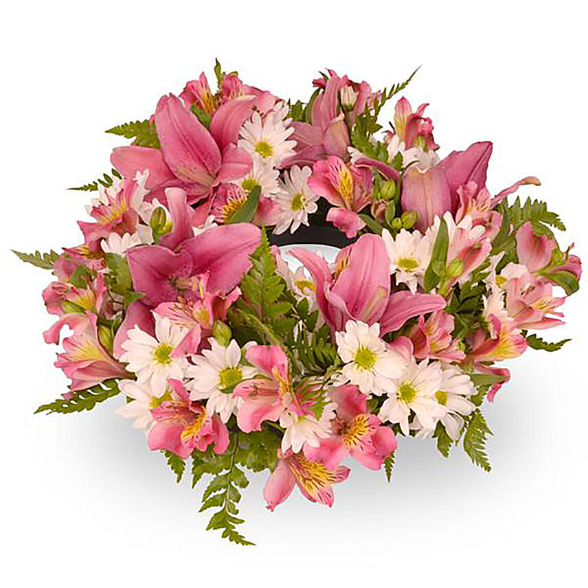 أون لاين إكليل ورد فاخر جداً زنبق لون وردي مع ورود صغيرة توصيل هدايا في ...