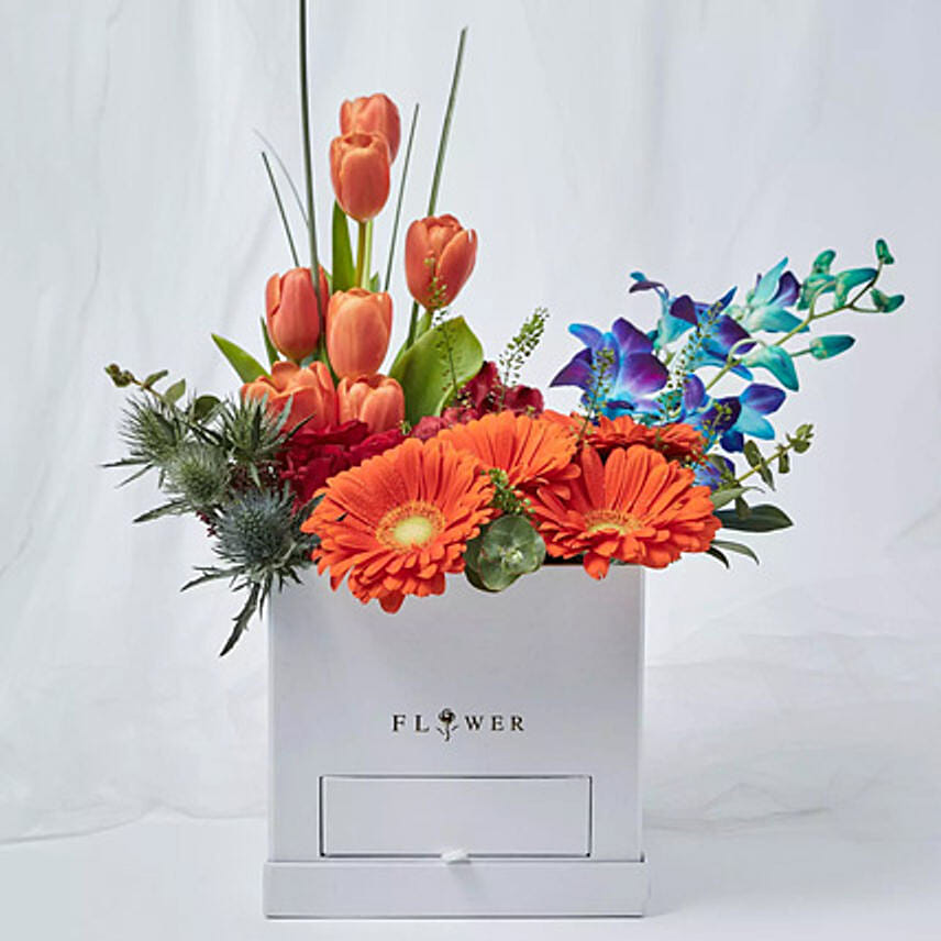 Online Premium Mixed Flowers Box Arrangement With Ferrero Rocher Gift ...