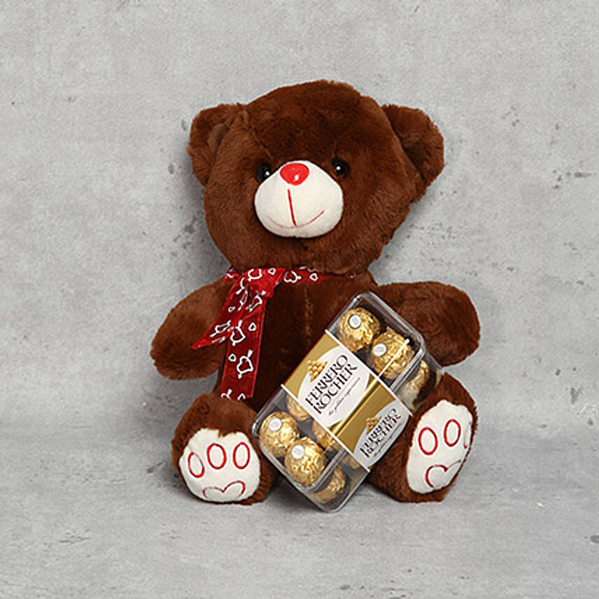 Order Dark Brown Teddy Bear and Ferrero Rocher Combo Online | Same-Day ...