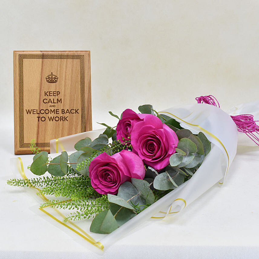 Online Roses and wooden Engraved Plaque Gift Delivery in UAE - FNP