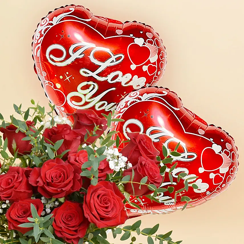 Order 12 Red Roses in Premium Vase And Balloons Online | Same-Day ...