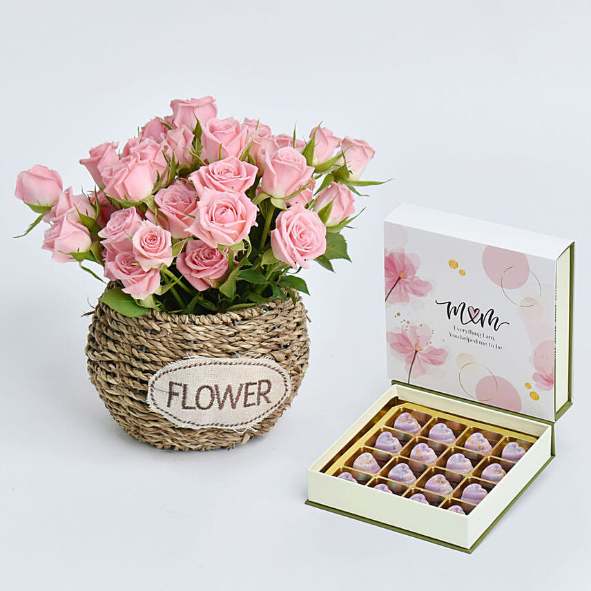 Order Pink Spray Roses in Small Basket And Chocolate Online | Same-Day ...