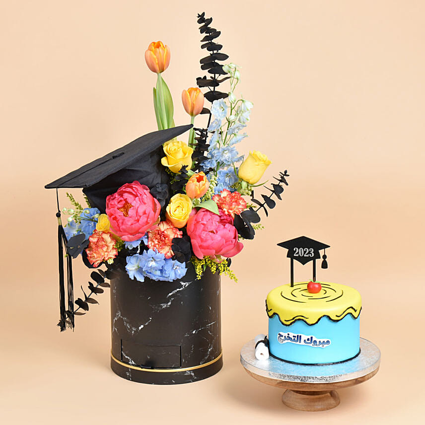 Online Graduation Hat Box Flowers and Cake Gift Delivery in UAE - FNP