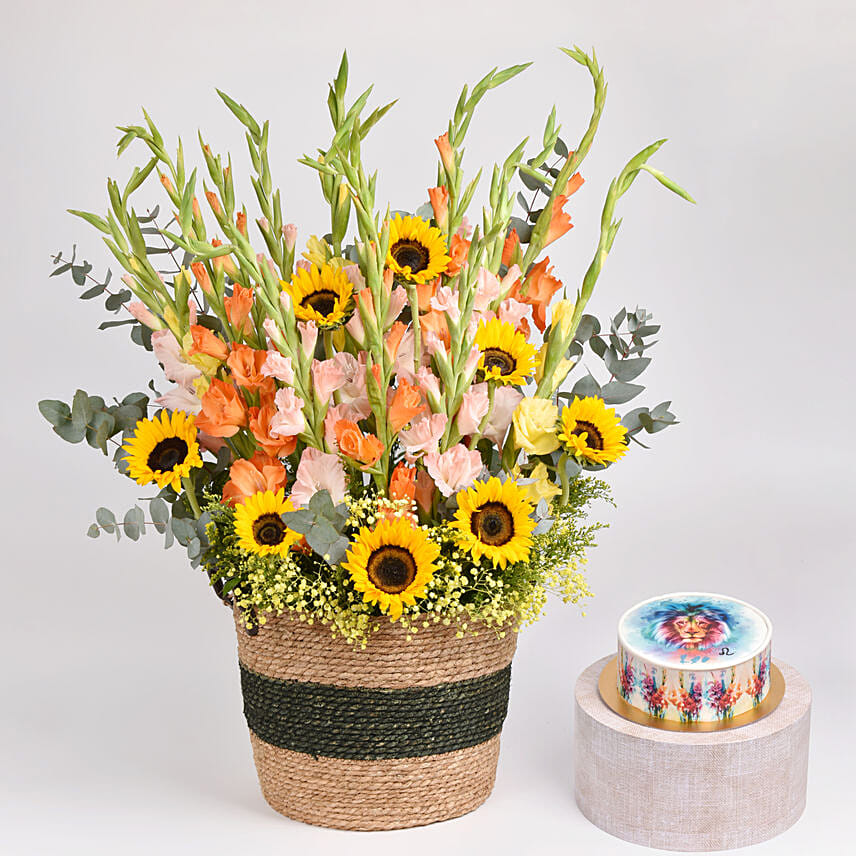 Order Gladiolus and Sunflower Beauty Basket With Cake Online | Same-Day Delivery UAE - Fnp.ae