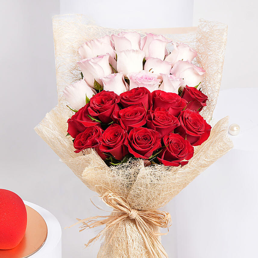 Order Valentine 12 Pink 12 Red Roses Bouquet With Cake Online | Same ...