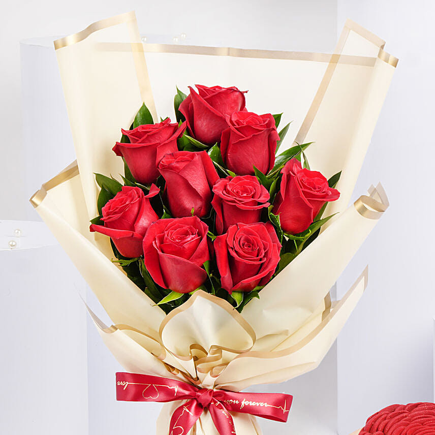 Online Love Expression 9 Roses Bouquet With Heart Shape Cake Gift ...