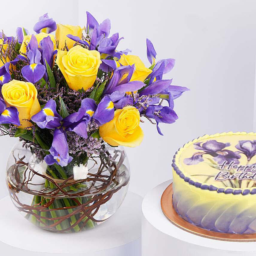 Online Iris Flowers with Birthday Chocolate Cake Gift Delivery in UAE - FNP