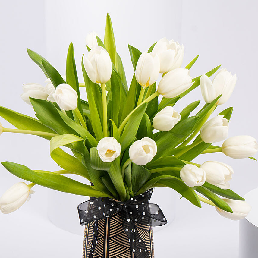 Online White Tulips in Designer Vase Gift Delivery in UAE - FNP