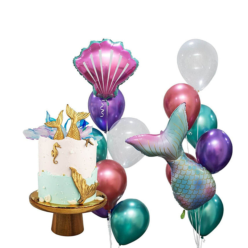 أون لاين Blue Mermaid Coral Cake And Double Fairytale Balloon Bunch ...