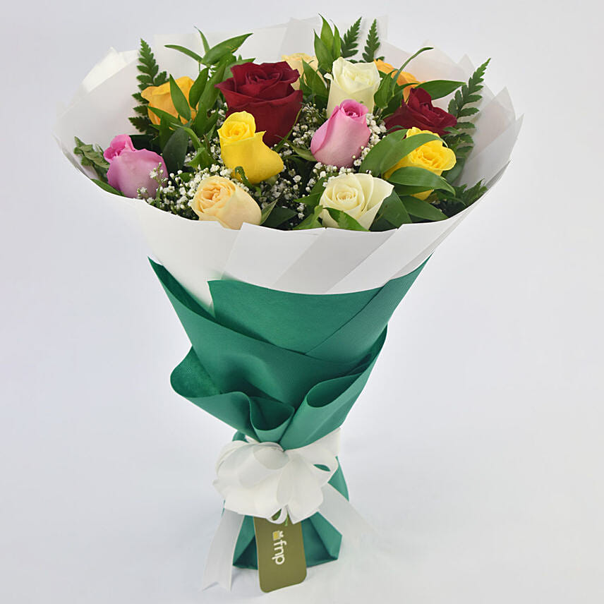 Online Dozen Multi Roses with Fudge Cake Gift Delivery in Qatar - FNP