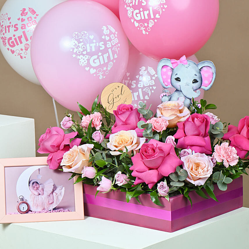 Online It's a Girl Flower Arrangement Combo Gift Delivery in Qatar - Fnp.ae