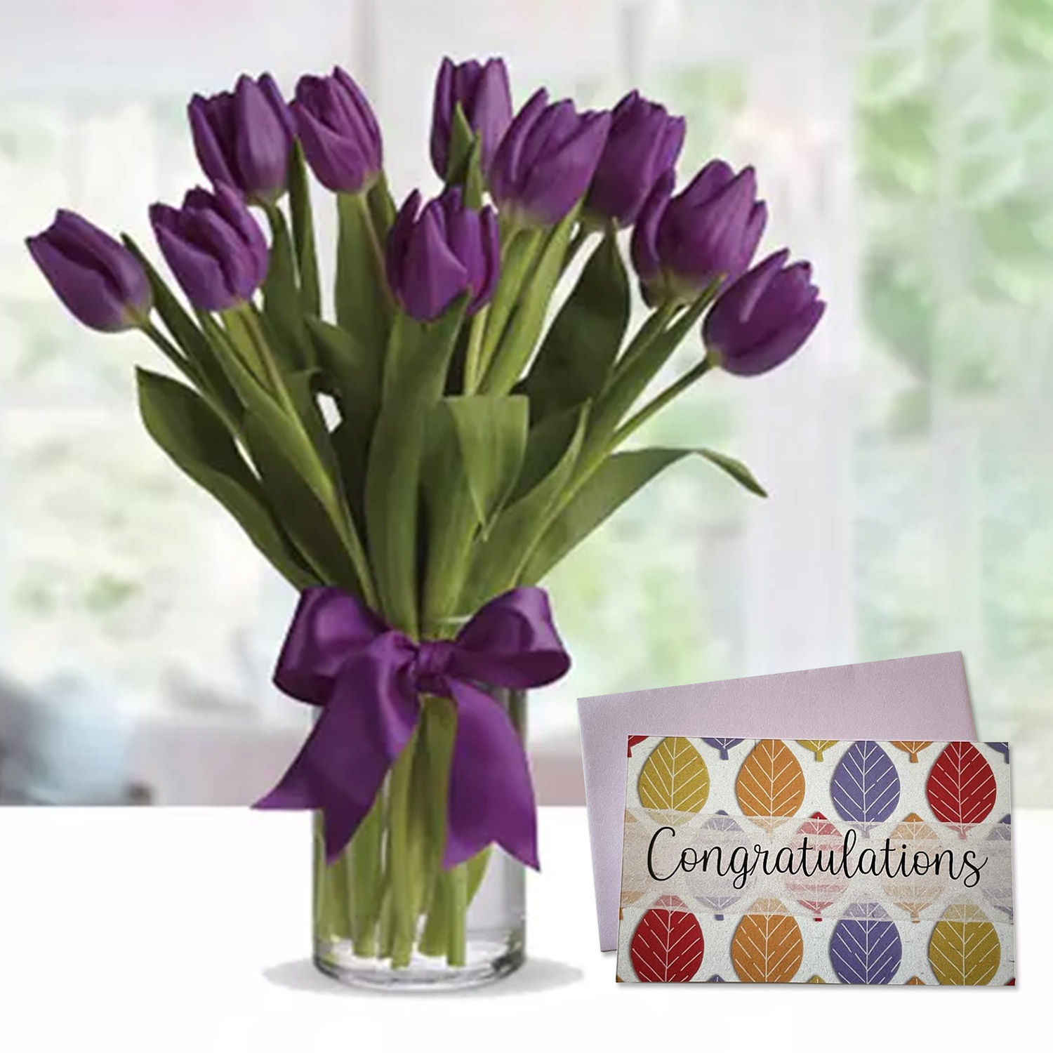 Online Purple Tulip Arrangement & Handmade Congratulations Greeting ...