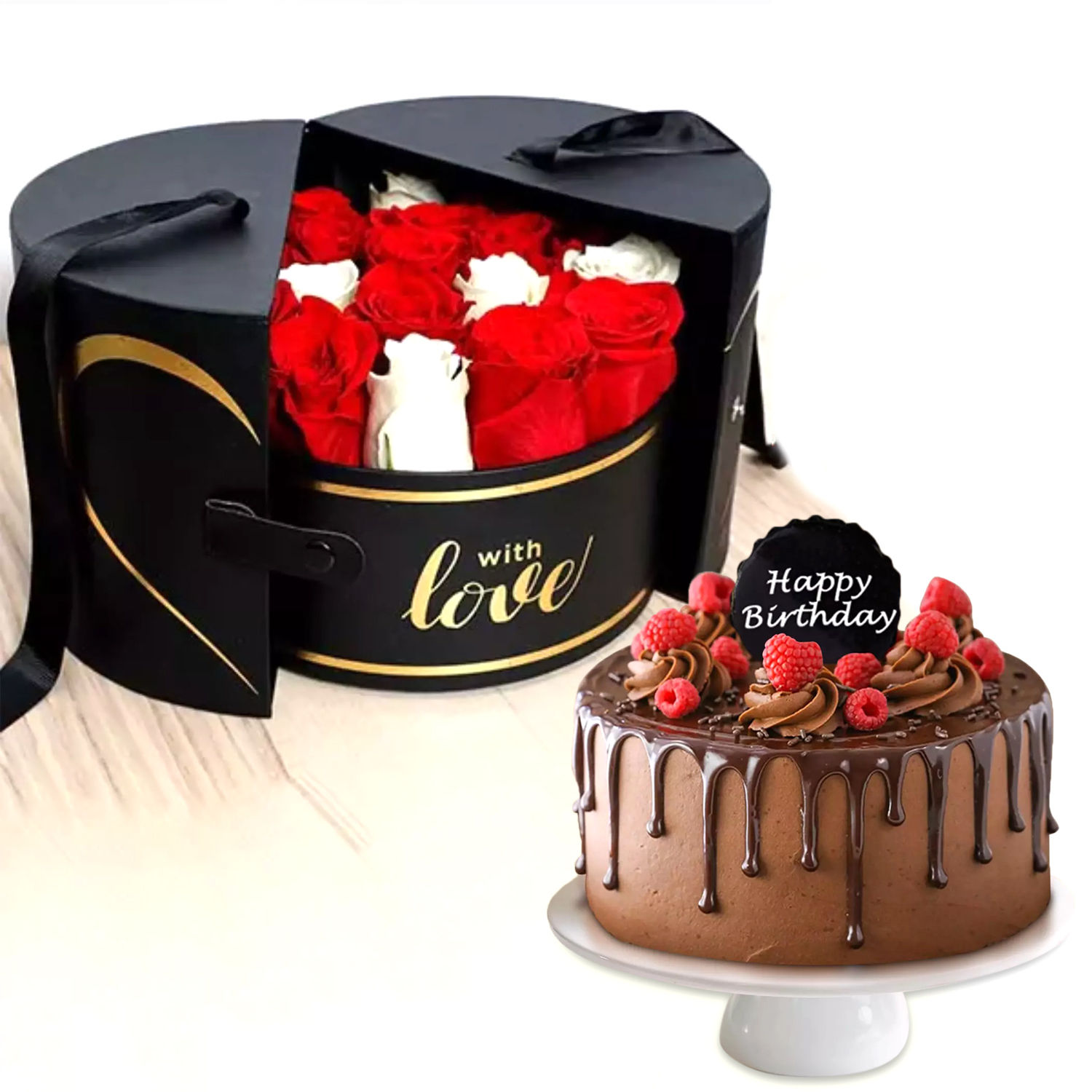 Online Luxurious Box of Roses With Chocolate Cake Gift Delivery in ...
