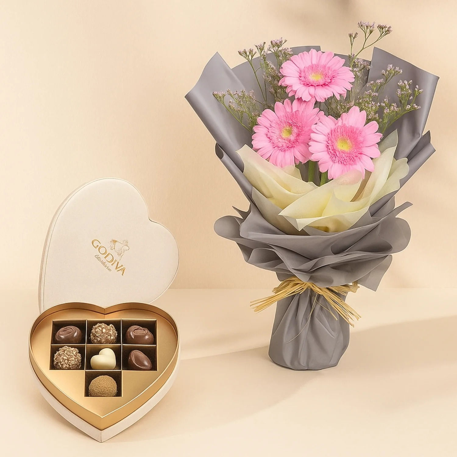 Online Godiva | Beige Velvet Heart Gift Box - 7 Pieces & Pretty ...