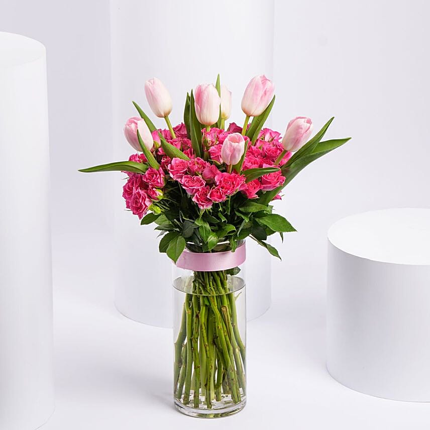 Online Elegant Pink Tulip And Baby Rose Bouquet In Vase Gift Delivery ...