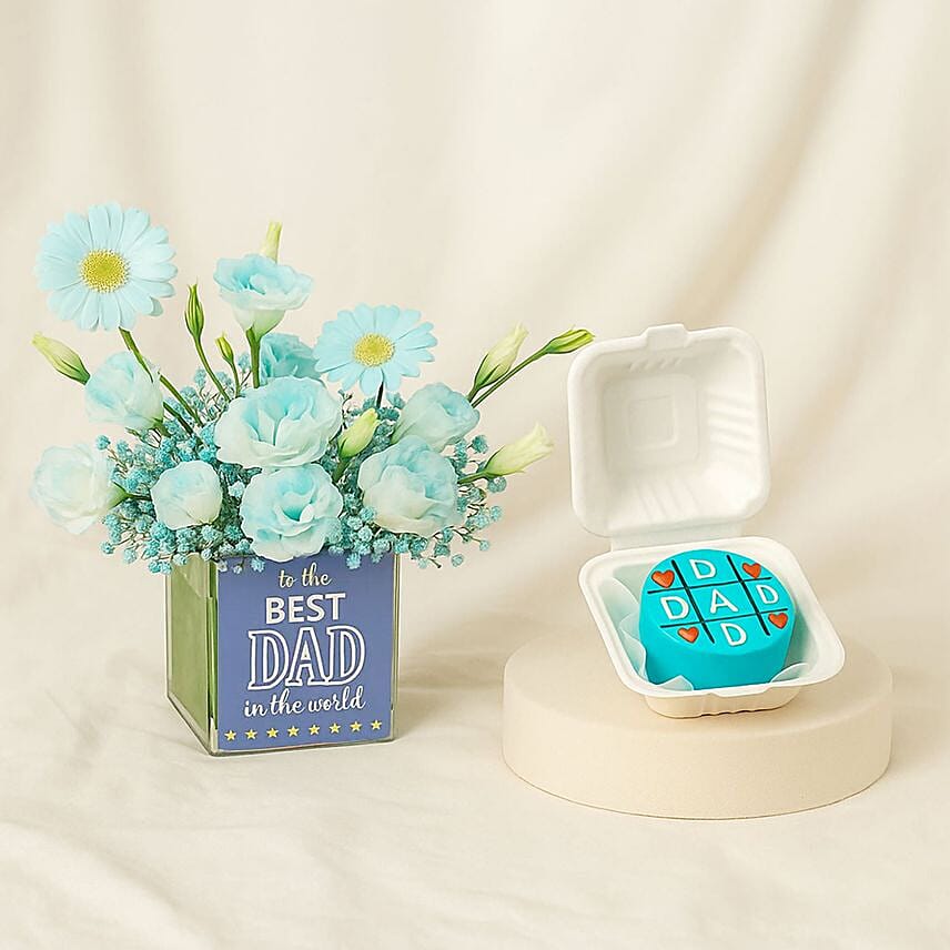 Online Blue Flower Vase With Dad Mini Cake Gift Delivery in Saudi ...