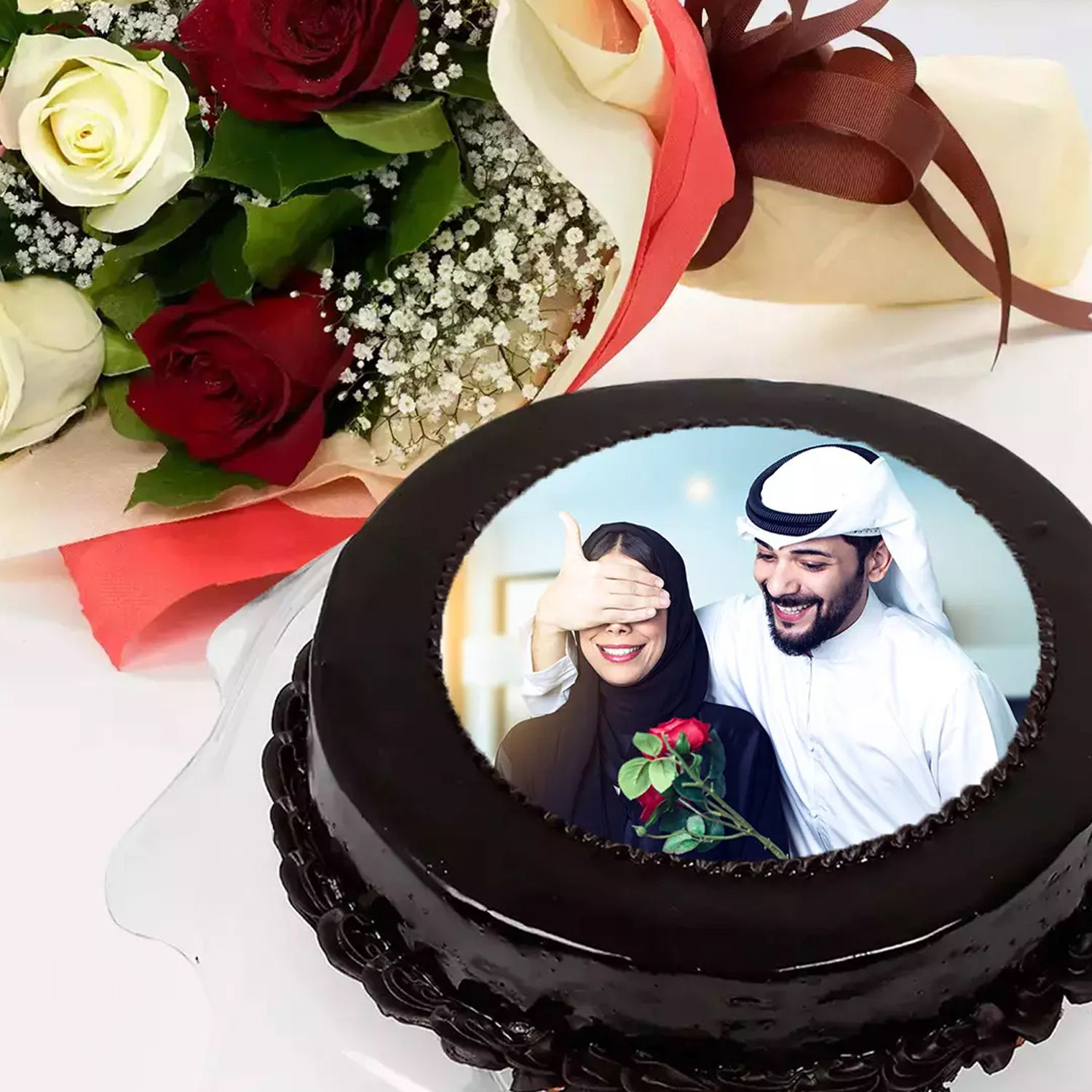 Online Chocolate Truffle Birthday Special Photo Cake With Flowers Half ...