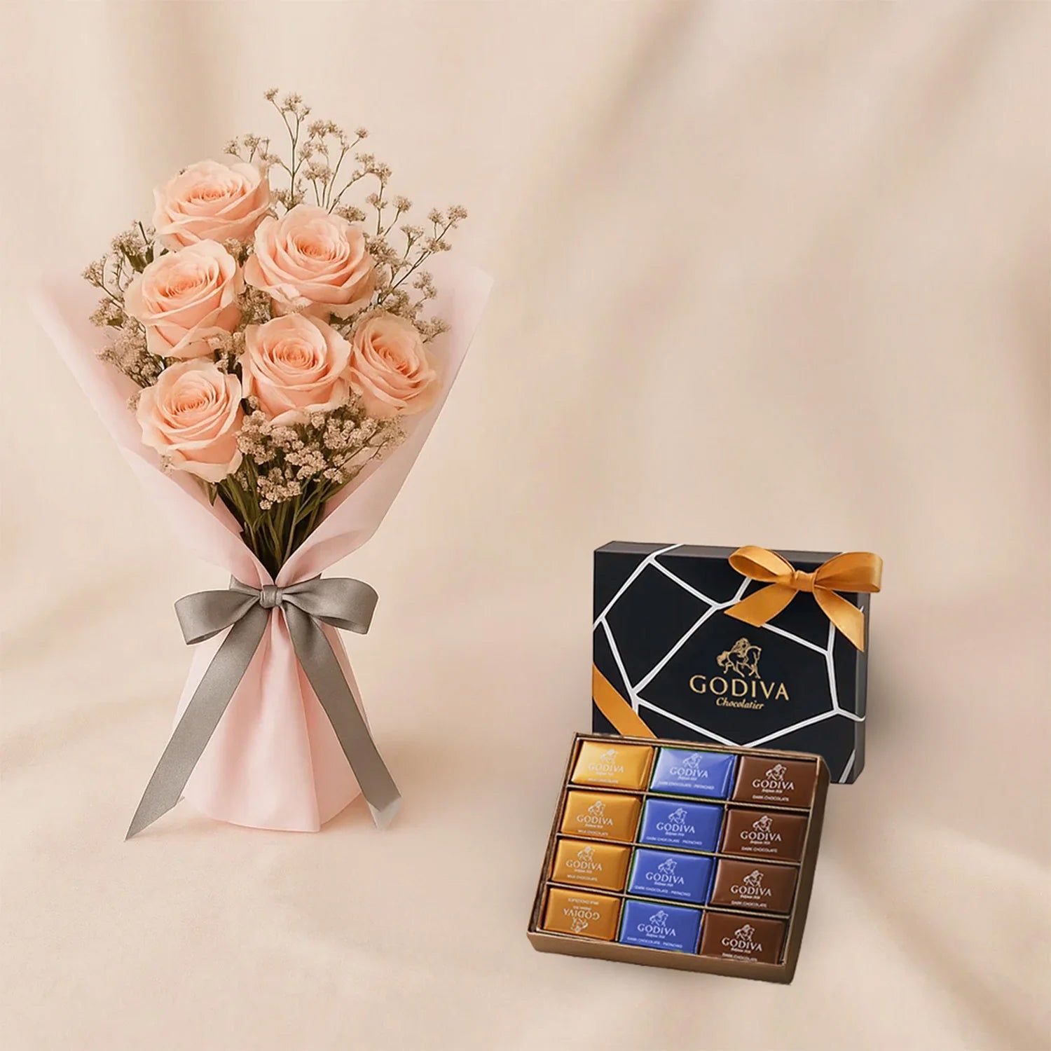 Online Love Combined Godiva Chocolate N Pink Flower Bouquet Gift ...