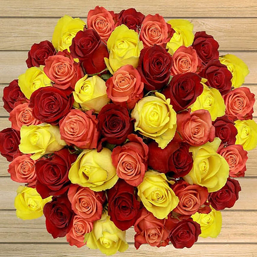 Online 50 Red Orange & Yellow Roses Gift Delivery in Usa - FNP