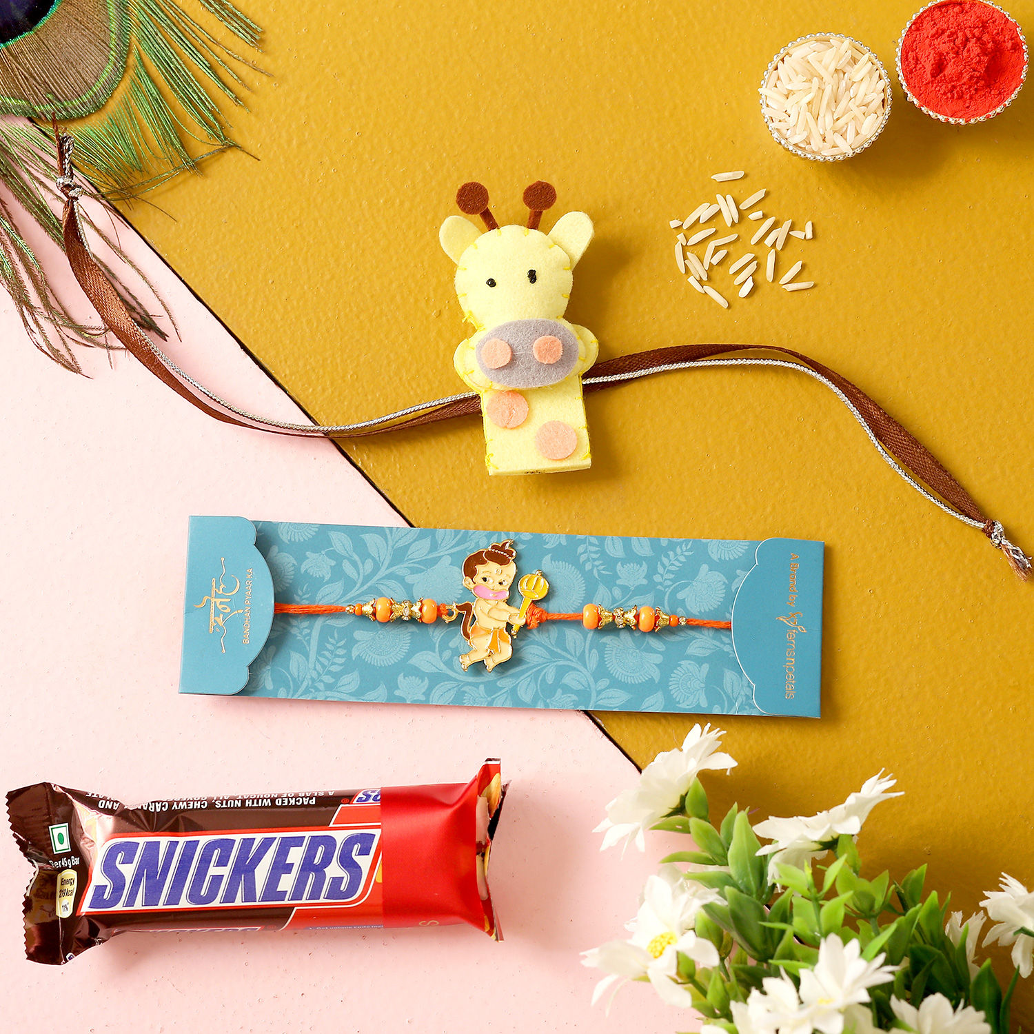 Order Set Of 2 Cute kids Rakhis & Snickers Chocolate Combo Online ...