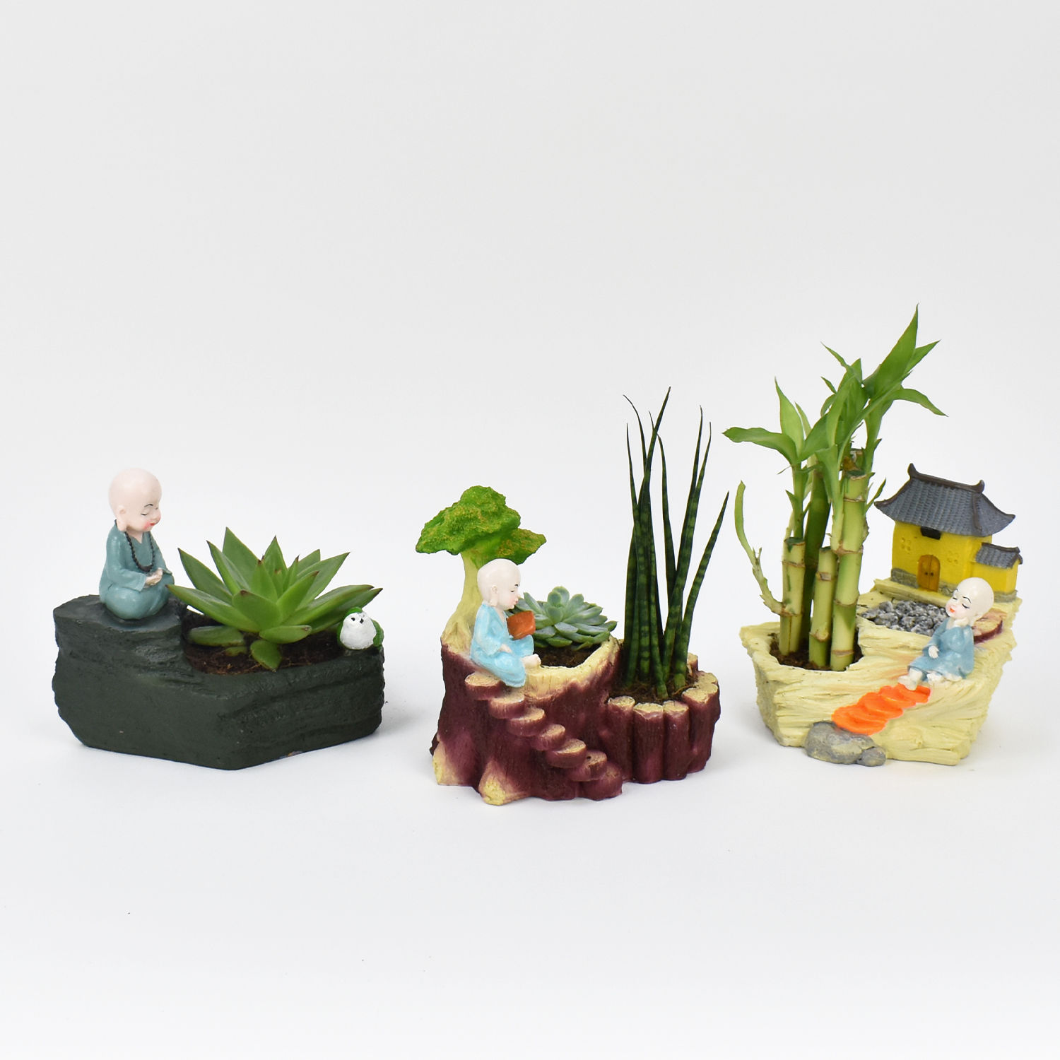 Online Set Of 3 Plants In Beautiful Monk Planters Gift Delivery in UAE ...