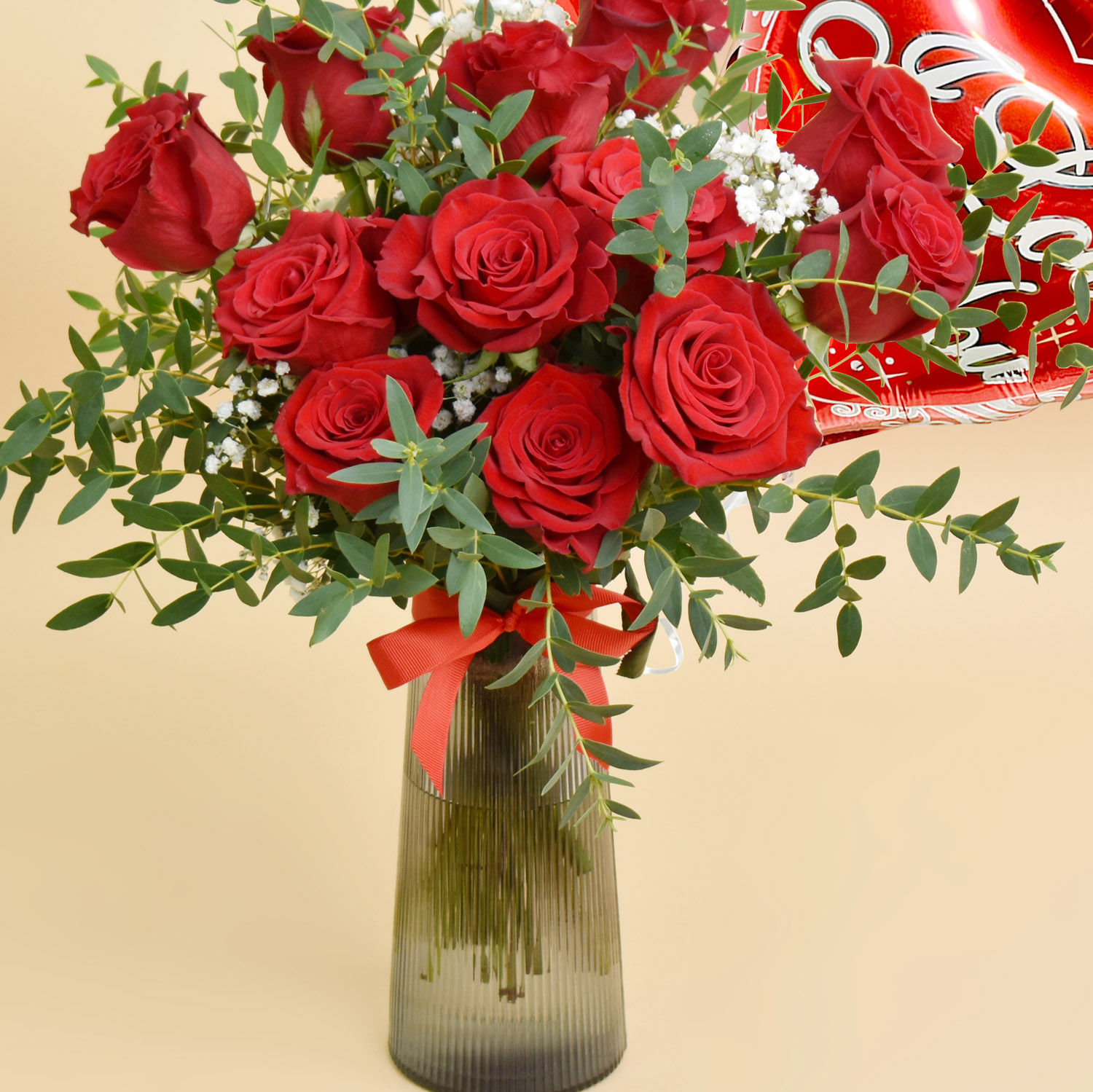 Order 12 Red Roses in Premium Vase And Balloons Online | Same-Day ...