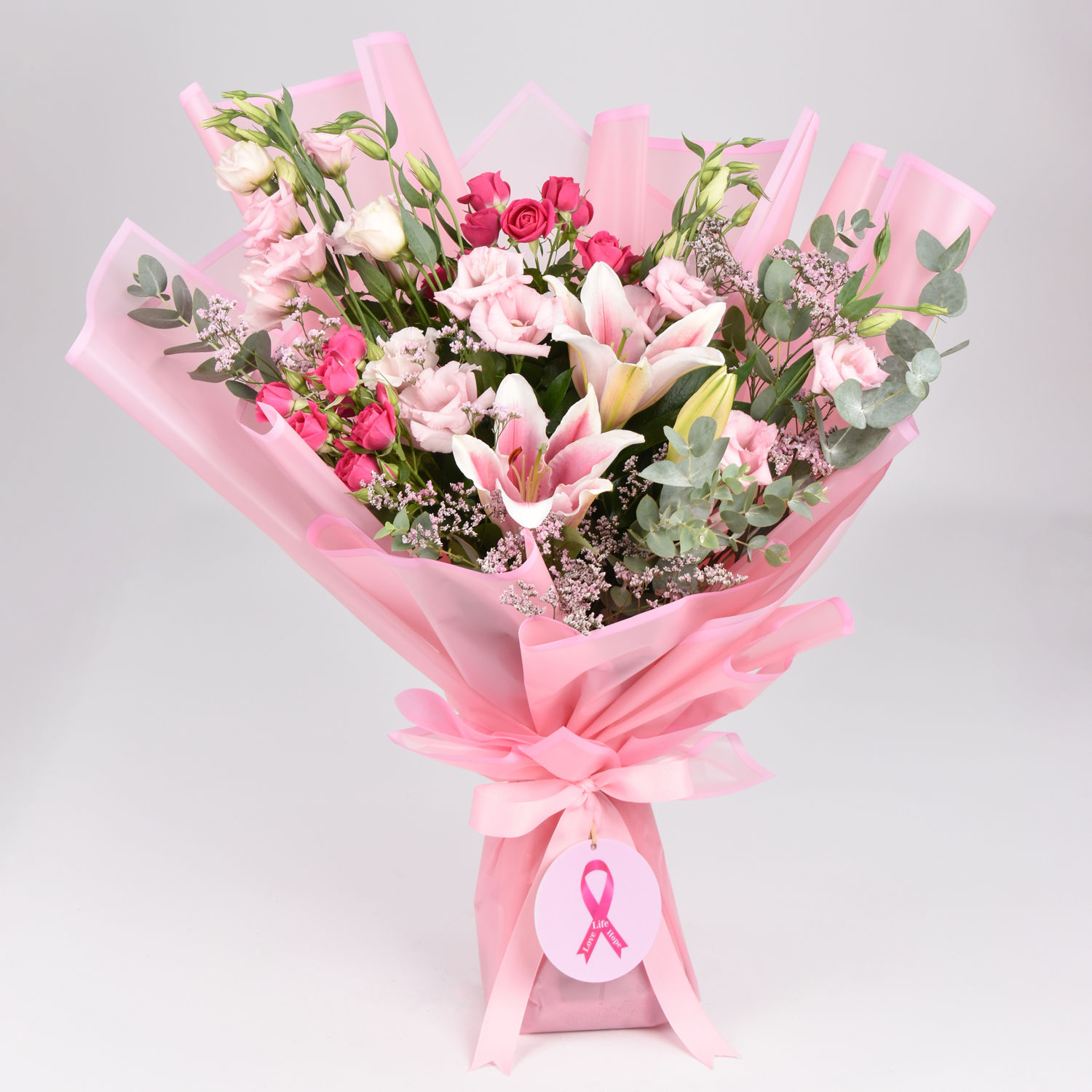 Order Strength And Belief Pink Ribbon Flowers Bouquet Online | Same-Day ...