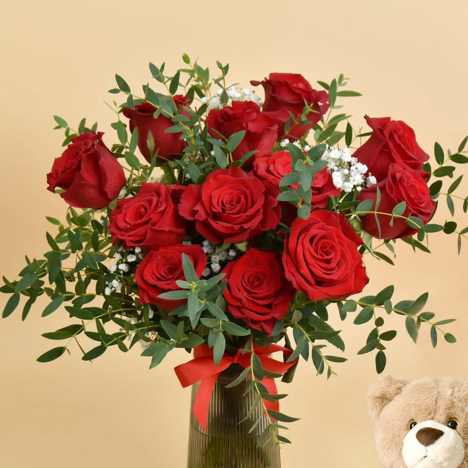 Order 12 Red Roses in Premium Vase And Teddy Online | Same-Day Delivery ...