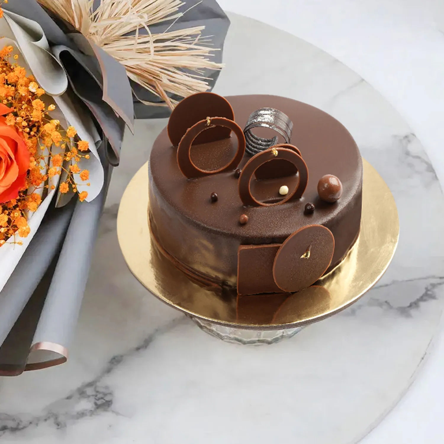 Online Chocolate Fudge cake and Roses Bundle Gift Delivery in UAE - FNP