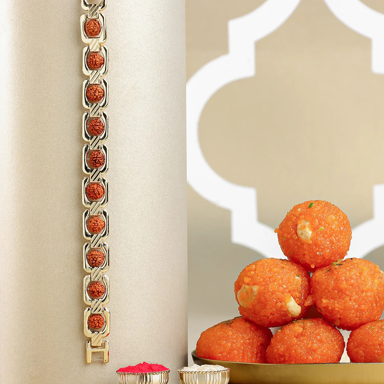 Order Glamorous Gold Embellished Rudraksh Rakhi N Ladoo Combo Online ...