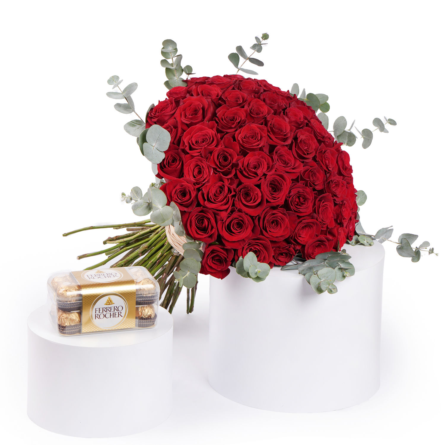 Order 50 Roses Bouquet with Ferrero Rocher Combo Online | Same-Day ...